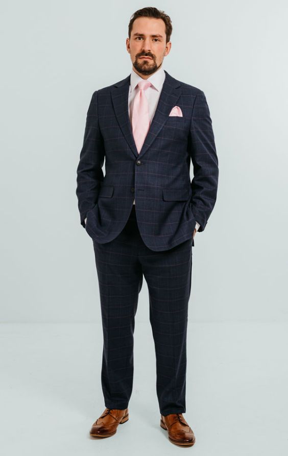 Marinblå med Rosa rutmönster kostym | Dobell